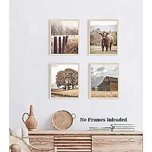 RUIYAN Farmhouse Landscape Wall Art, Highland Cow Decorations, Western Country Photography Canvas Art Prints for Living Room Bedroom Decor, Fall Forest Nature Prints, Set of 4(8''x10'', Unframed)