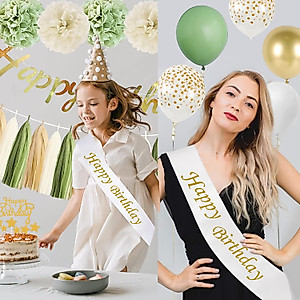 Upgraded Sage Green Birthday Party Decorations for Girls Women with Happy birthday Sash,Banner,Tissue Pompoms,Circle Dots Garland,Paper Tassels Garland, cake topper for Her Birthday Decor (sage green)