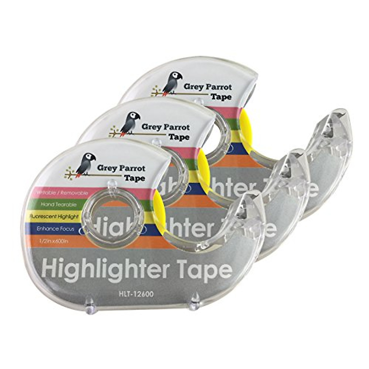 GreyParrot Tape Fluorescent Neon Highlighter Tape Removable, (3 Pack All Yellow), 1/2in x 600in Per Roll, Office/Craft Tape