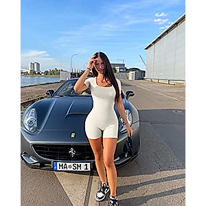 OQQ Women's Yoga Workout Ribbed Short Sleeve Sport Romper, Beige, Small