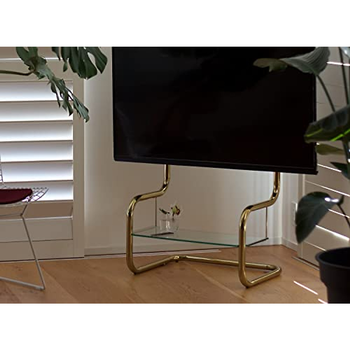 zeitgeist TV Stand Modern Minimalist w/Shelf Floor Stand Metal up to 65 inch for Corner, Living, Studio. Height Adjustable Mount, Portable. w/HDMI, Antenna, Power Cable pre-Installed. Brass Gold