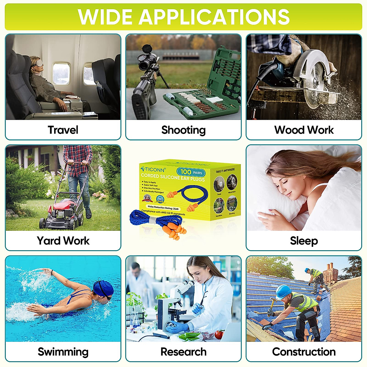 TICONN 100 Pairs Reusable Silicone Ear Plugs for Sleeping Noise Cancelling, 25dB NRR Corded Earplugs for Study Concentration Travel (100 Pairs)