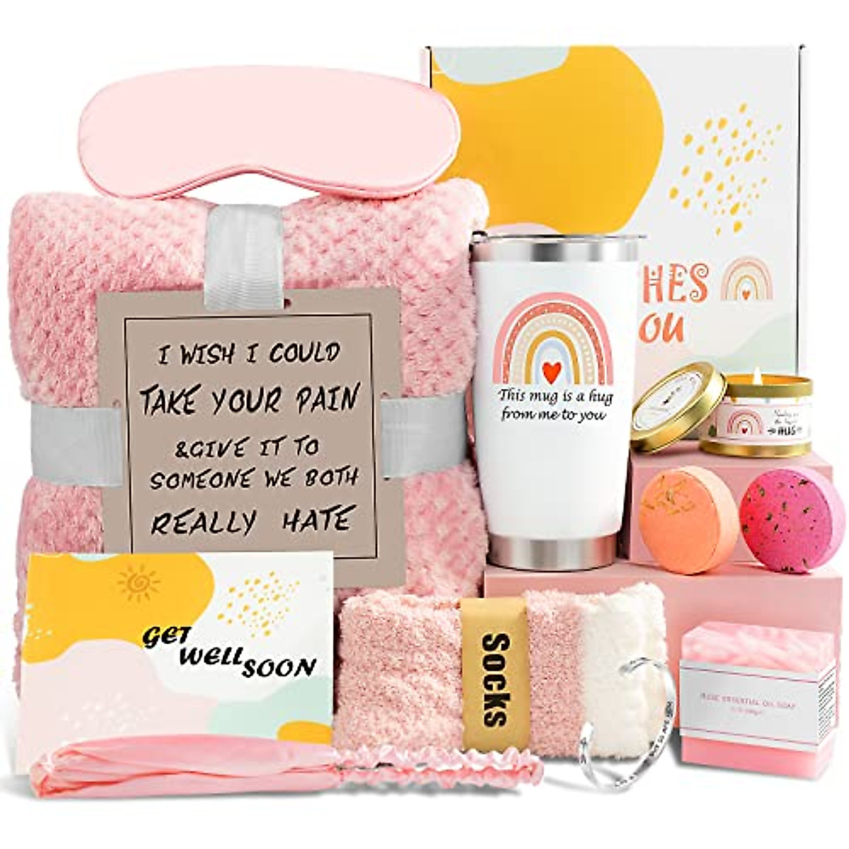 Get Well Soon Gifts, 12 Pcs Care Package Get Well Gift Basket for Sick Friends After Surgery, Feel Better Self Care/ Sympathy Gifts Thinking of you Box for Women Mom Her w/Pink Blanket