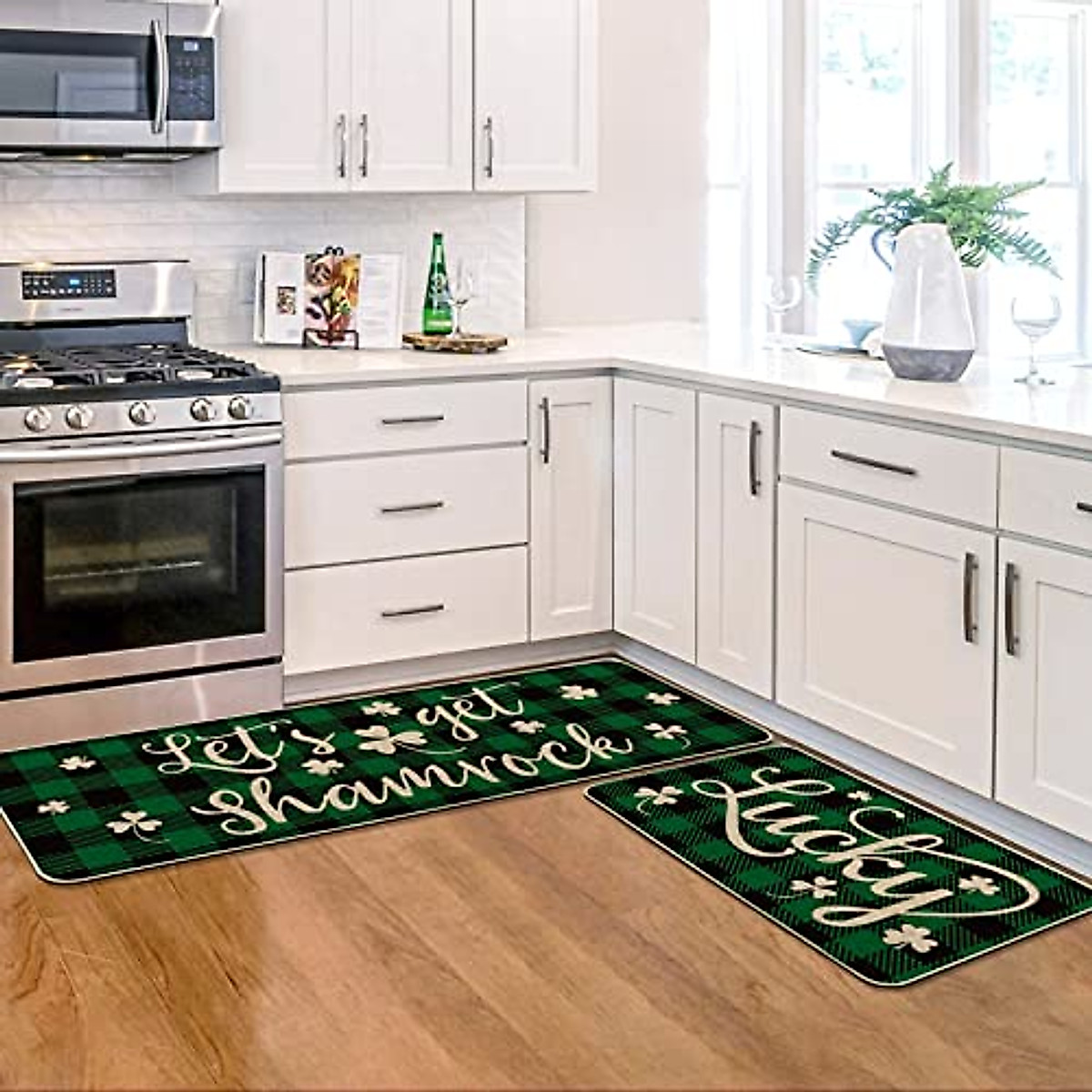 Artoid Mode Green Buffalo Plaid Let's Get Shamrock Lucky Clover Kitchen Mats Set of 2, Seasonal St. Patrick's Day Anniversary Holiday Decorations for Home Kitchen - 17 x 29 Inch and 17x47 Inch