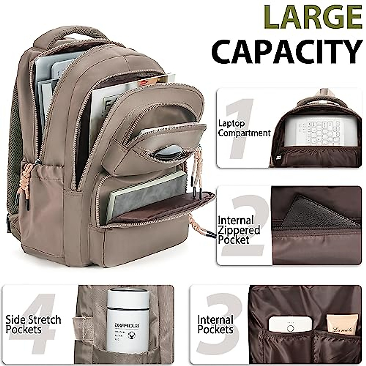 AUGUST 18 Multi-Pocket Backpack for Women Men, Casual Laptop Backpacks with Breathable Shoulder Straps and Luggage Belt for College Commute Business, 25L(Brown)