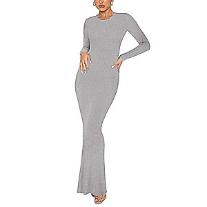 REORIA Women's Fall Sexy Casual Crew Neck Lounge Long Dress Formal Wedding Guest Long Sleeve Ribbed Bodycon Maxi Dresses Light Grey Large