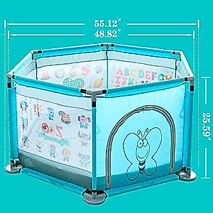 WAOWAO Baby Playpen Portable Large Playard Indoor & Outdoor Kids Activity Center with Sturdy Safety Play Yard with Mesh and Learning Pattern,Kid's Fence for Infants Toddlers (Blue, 47.24"(with mat))