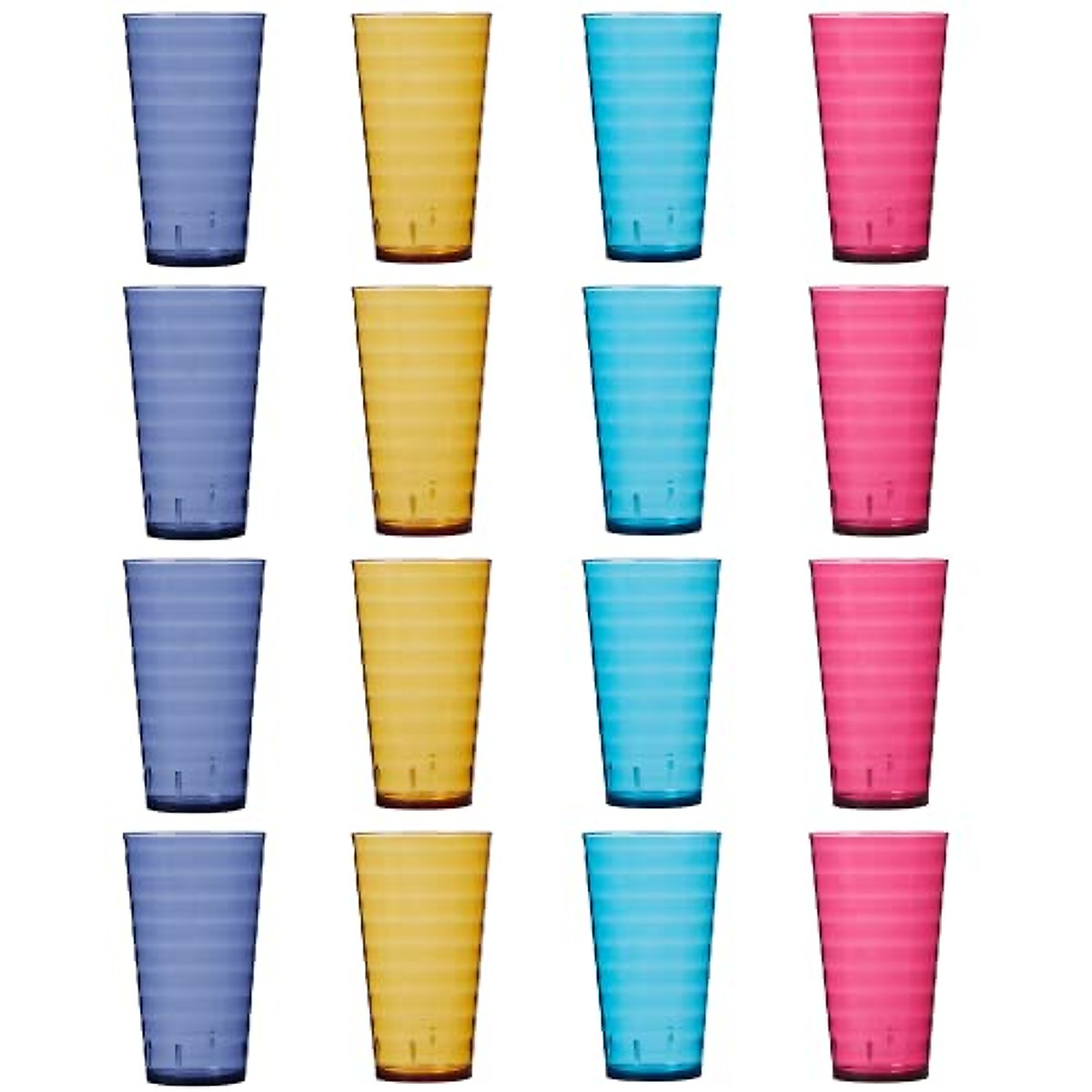 US Acrylic Splash 18 ounce Plastic Stackable Water Tumblers in 4 Assorted Colors | Value Set of 16 Drinking Cups | Reusable, BPA-free, Made in the USA, Top-rack Dishwasher Safe