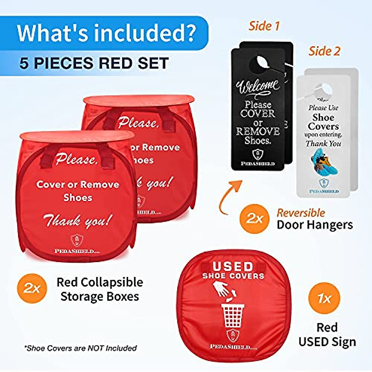 PedaShield Shoe Covers box | Collapsible Shoe Basket Bin Bootie Box | Reversible Door Hanger Signs | Realtors Open House 10" Foldable Storage holds 100 Disposable (2 Red Box + 2 Door Hang, 4)