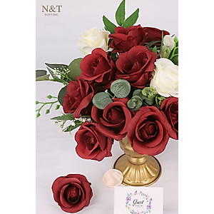 N&T NIETING Artificial Flowers, 20Pcs Silk Rose Fake Flowers with Stems Bridal Wedding Bouquet Baby Shower Home Garden Party Decoration, Dark Red