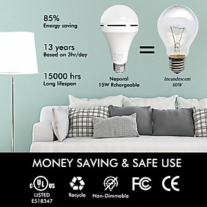 Rechargeable Light Bulbs, Back Up Battery Light Bulbs, 15W 80W Equivalent 6000K 1200mAh Battery Operated Light Bulb for Power Outage Hurricane, Emergency Lights for Home Power Failure, Pack of 4