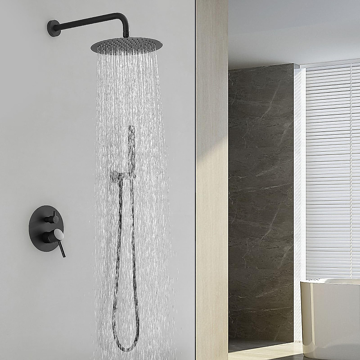BESy Shower System with 10 Inch Round Rain Shower Head and Handheld Wall Mounted, High Pressure Rainfall Shower Faucet Fixture Combo Set with 2 in 1 Handheld Showerhead for Bathroom, Matte Black