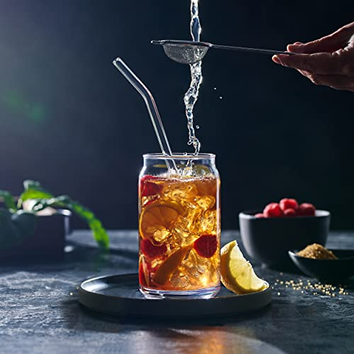 Drinking Glasses Set of 4 - Can Shaped Glass Sake Cups with Straws, 16oz Iced Coffee Glasses, Iced Tea Glasses, Tumbler Cup, Cocktail Glasses, Whiskey Soda Clear Water Cup, Beer Glasses.