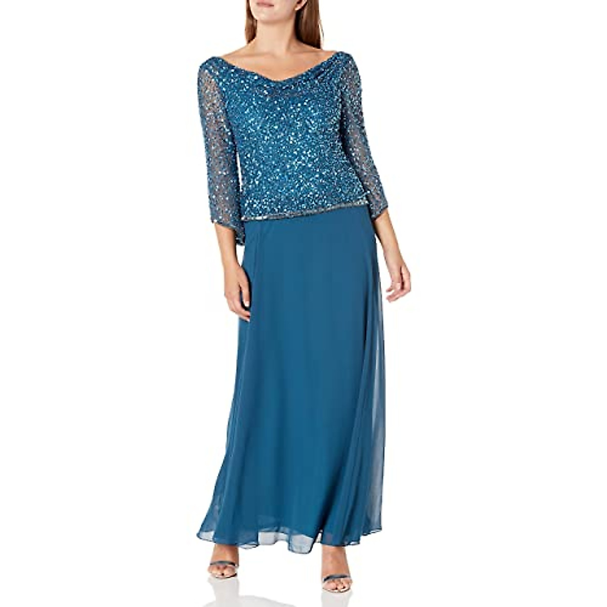 J Kara Women's Long Beaded Dress with Cowl Neck, Teal/Mercury, 18
