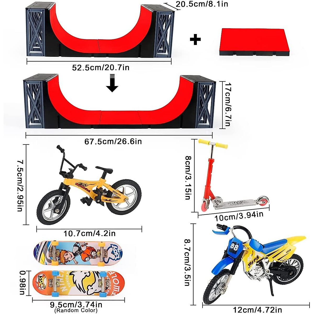 Half Pipe Skateboard Ramps Set, Bigger Fingerboard Skatepark Deck, Finger Skate Park Toy with Fingerboard Ramps, Skateboards, Finger Scooter, Finger Bike & Motorcycle for Adults Kids Gifts(Red)