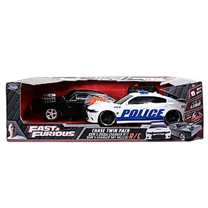 Jada Fast & Furious Chase Twin Pack- Dom's Dodge Charger R/T & Dodge Charger SRT Hellcat, Police & Chase Car Rc, USB Charged, Black and White