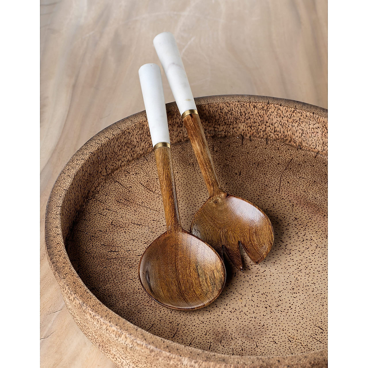 Zodax Heritage Mango Wood and Marble Salad Server Set 14 in x 4 in x 1 in