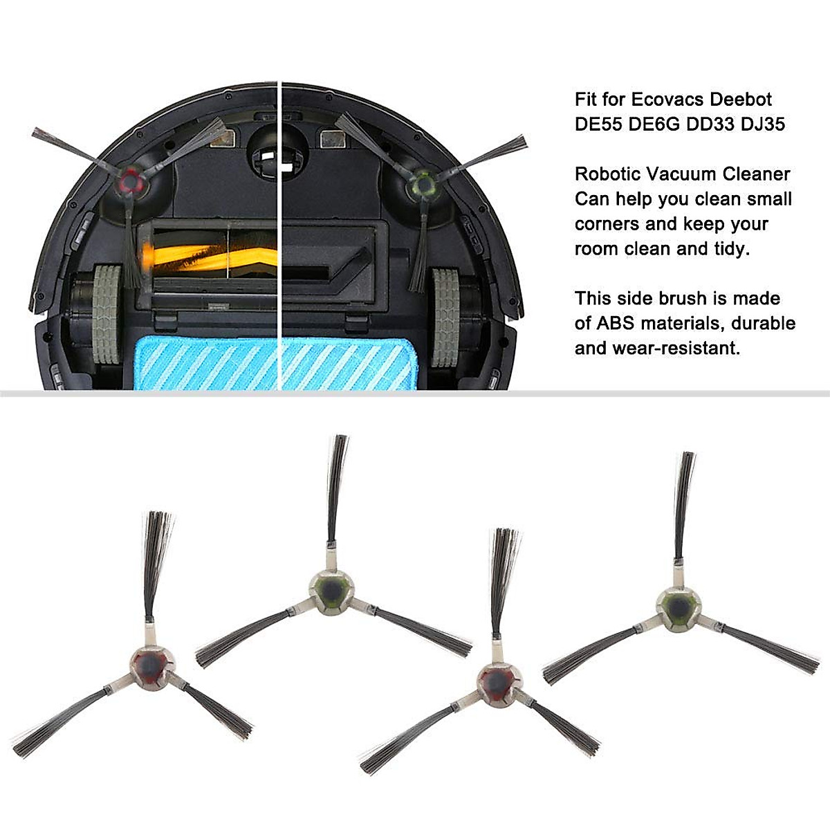 Fdit 4PCS Side Brushes Replacement Vacuum Cleaner Replenishment Sweeping Brush Fit for Ecovacs Deebot DE55 DE6G DD33 DJ35 Robotic Vacuum Cleaner