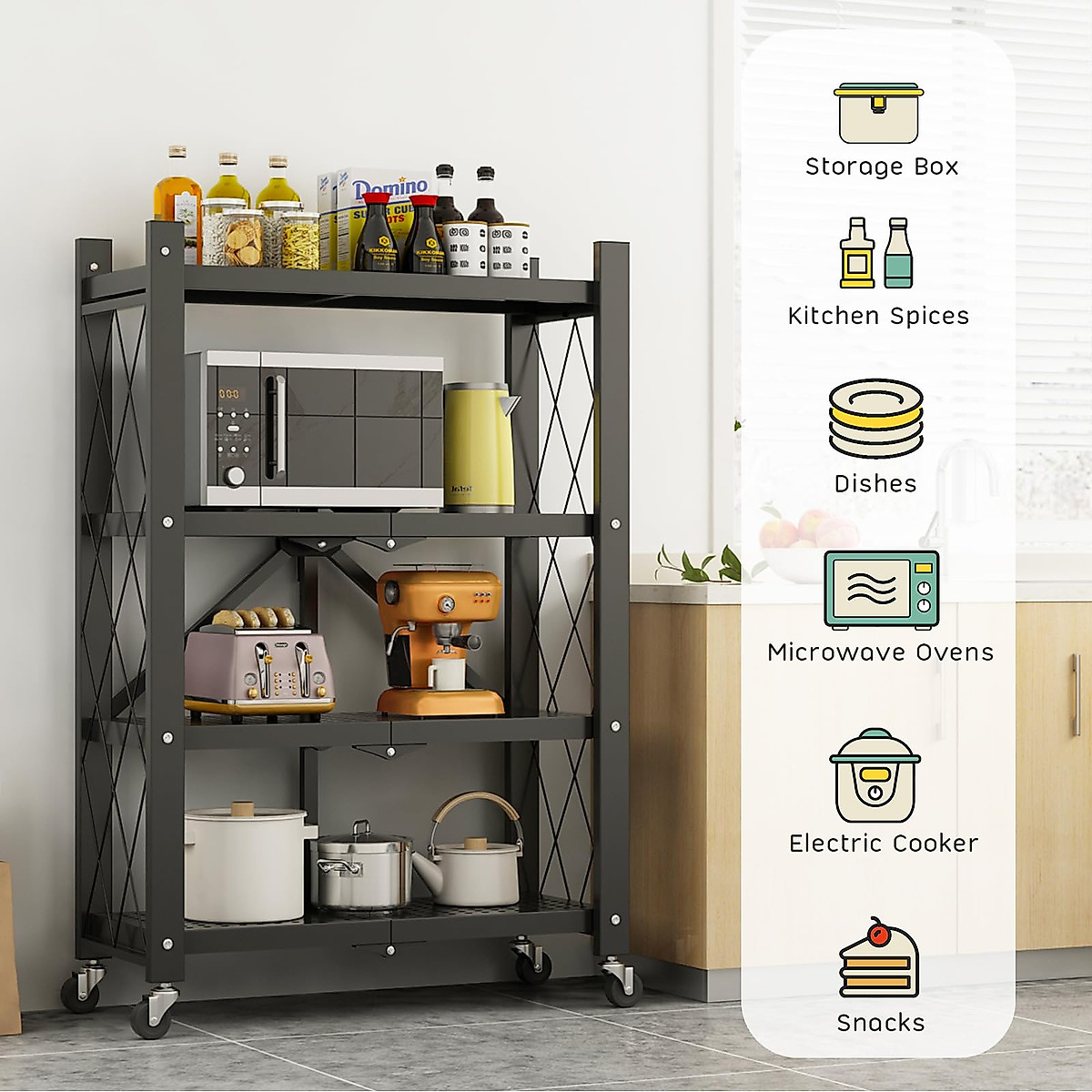 Pokfeic All-in-one Heavy Duty Storage Shelving Unit, Foldable Storage Shelves with Wheels, 4-Tire Utility Rolling Cart, Foldable Easy to Install Metal Standing Shelf, Max Loading 400lbs (Black)