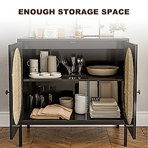 IKIFLY Set of 2 Accent Storage Cabinet with Handmade Natural Rattan Doors - Rattan Sideboard Buffet Cabinet - Kitchen Cupboard Server Console Table for Dining Room, Bedroom, Hallway - Black