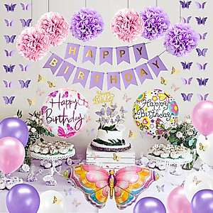 Iysoll Butterfly Birthday Party Decorations Supplies pink and purple butterfly decorations for girls Happy Birthday Banner Paper Pom Poms Foil Balloons 3D Butterfly Wall Decor Butterfly Garland