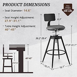 Industrial Swivel Bar Stool Set of 4, 26"-32" Adjustable Counter Height Bar Stool with Back for Kitchen Island, Vintage Farmhouse Faux Leather Barstool with Black Metal Legs, Dark Gray