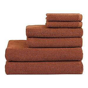 Nate Home by Nate Berkus 100% Cotton Textured Rice Weave 6-Piece Towel Set | 2 Bath Towels, Hand Towels, and Washcloths, Soft and Absorbent for Bathroom from mDesign - Set of 6, Sienna (Brown)