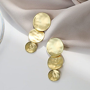 Matte Gold Discs Clip On Earrings for Women 3 Discs Long Drop Clip Earrings for Women