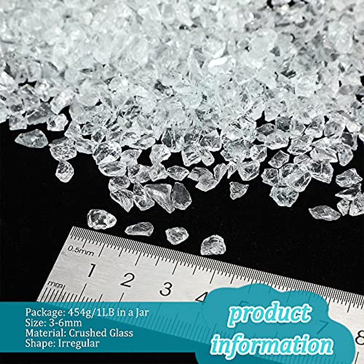 1.5 LB Glass Gravel Stone 3-6 mm Glitter Gravel Stone Luster Reflective Tempered Fire Glass Crushed Glass for Fire Pit Crafts Vase Fish Bowl Garden Decor (Transparent)