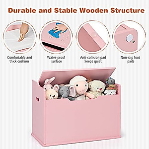 Costzon Kids Wooden Toy Chest, Wide Toy Box Storage Chest with Bench Seat, Toy Storage Trunk Case with Finger-Pinch Prevention, Lift-Top Foot Rest Seat for Toddler Bedroom Playroom Entry (Pink)