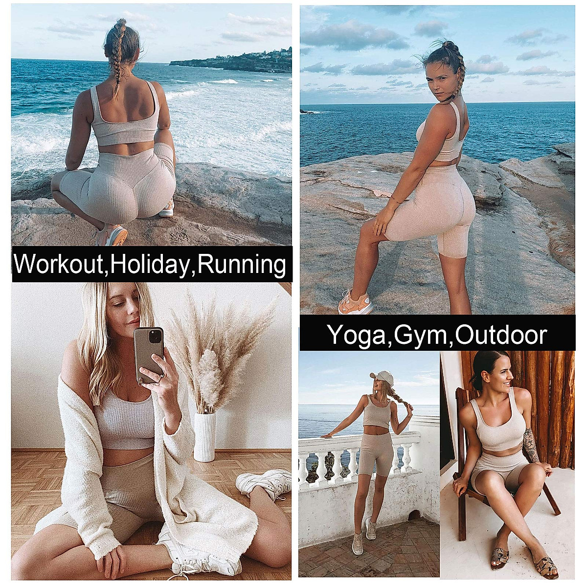 SUPJADE Buscando Ribbed Workout Outfits Sets for Women 2 Piece Seamless High Waist Athletic Leggings +Bras Yoga Outfits Two Piece (Light Purple, Large)