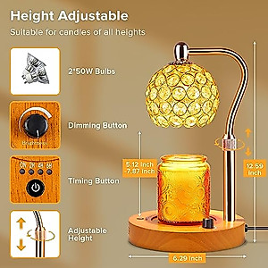Candle Warmer Lamp with Timer 2H/4H/6H, Height & Heat Adjustable Lamp Candle Warmer, Electric Candle Warmer with Oak Base and 2 * 50W Bulbs, Wax Warmer for Scented Wax(Champagne)