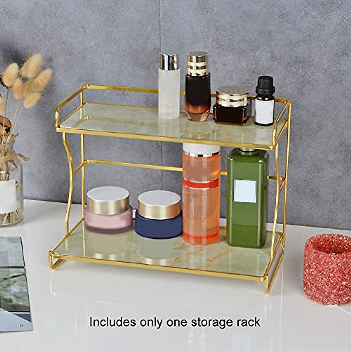 ETIGER Makeup Organizer, 2 Tier Bathroom Cosmetic Storage Shelf, Decorative Wire Vanity Organizer Basket with Marbling Glass Tray(White)