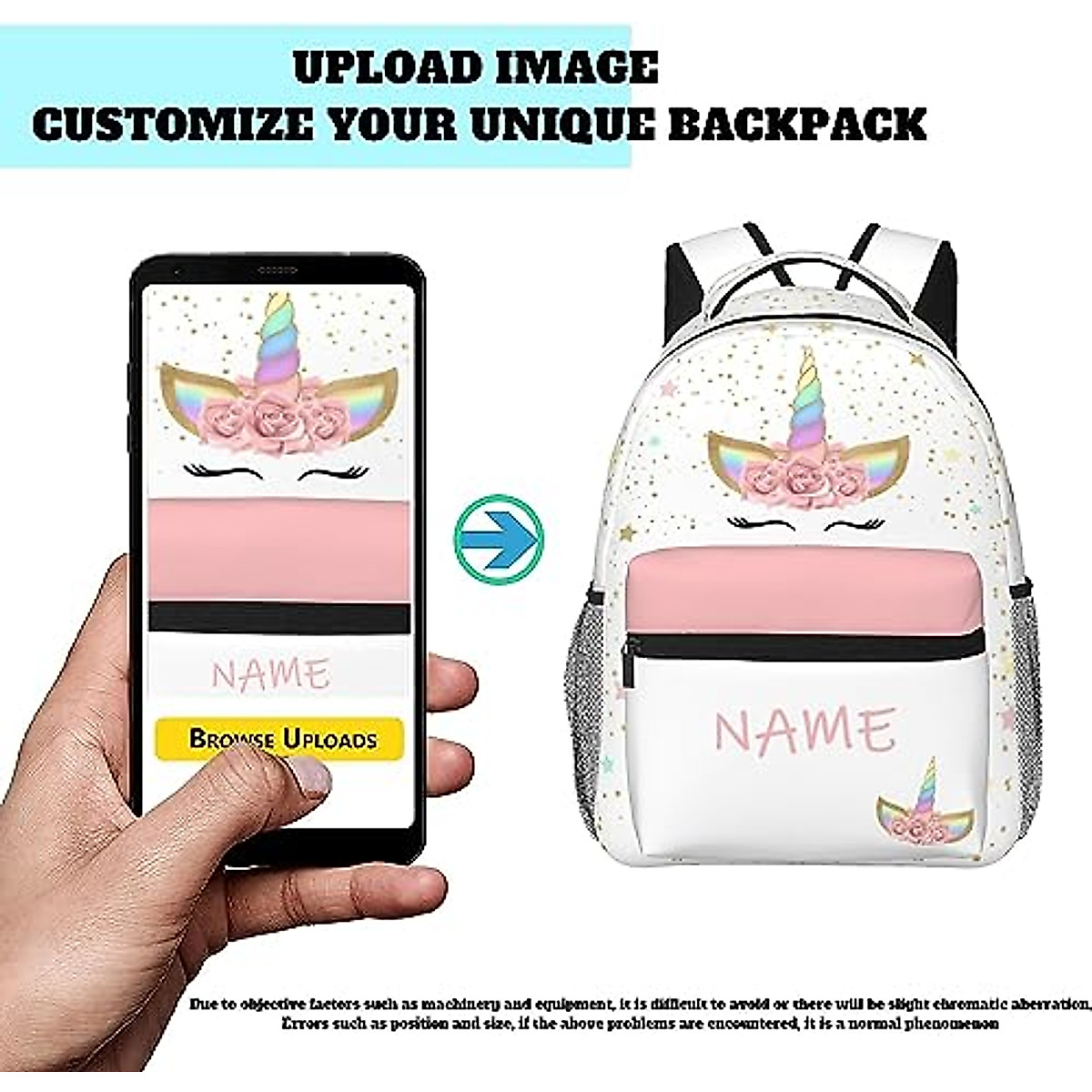 tuqozbi Personalized Unicorn Backpack for Girls, Custom Rainbow Backpacks with Your Own Name, Customized 15in Pink Neon Kindergarten School Bookbags Gift for Preschool Baby/Kids/Boys/Girls