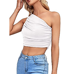 LYANER Women's Sexy Ruched One Shoulder Sleeveless Crop Top Strappy Cami Tank White Medium