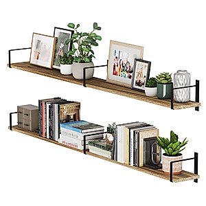 60"x6" Wood Floating Shelves Wall Bookshelf Rustic Shelf (Set of 2) Brown Farmhouse Finish Includes Hardware