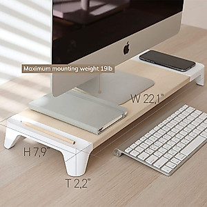 POUT E6 White Wood Desk Monitor Computer Stand Riser Shelf + Qi Fast Wireless Charging Charger Pad Mat for Laptop, Apple, iMac, PC, iPhone, Samsung Galaxy, Airpod 2, Buds