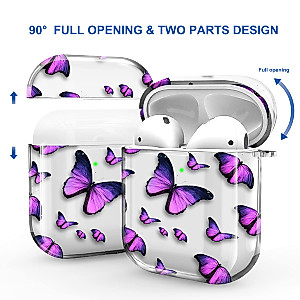 Maxjoy for AirPods Case Cover, Clear AirPod Case for Women Girly Cute Soft Protective Transparent iPod Case with Keychain Clip for AirPods 2nd 1st Generation Charging Case 2&1, Purple Butterfly