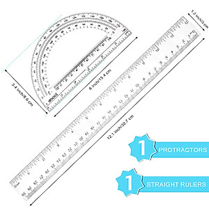 Zonon 2 Pack 12'' Plastic Ruler and 6'' Plastic Protractor Set Clear Ruler Protractor Set Math Geometry Supplies for School Classroom Home Office Drawing(Clear)