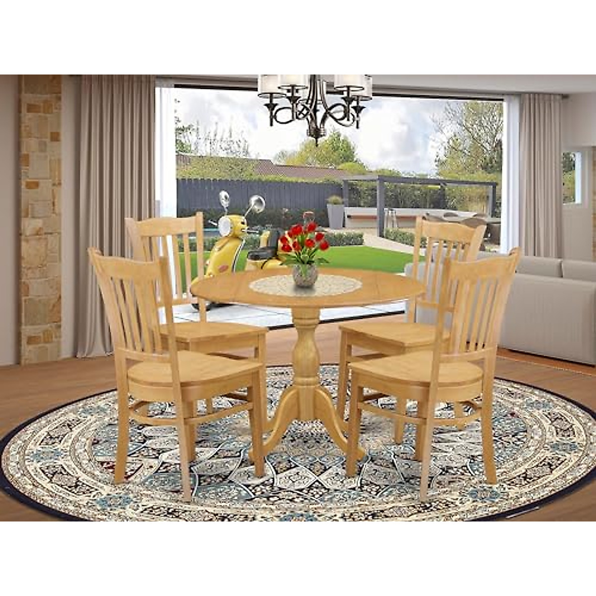 East West Furniture DMGR5-OAK-W 5 Piece Modern Dining Table Set Includes a Round Wooden Table with Dropleaf and 4 Dining Chairs, 42x42 Inch, Oak