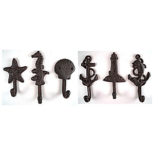 Lighthouse Dolphin Anchor Starfish Seahorse Shell Cast Iron Nautical Hooks Set