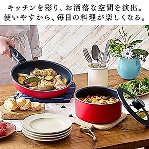 Iris Ohyama TF-SE4 Frying Pan and Pot Set, Frying Pan Set, Gas Fire, Induction Compatible, 4-Piece Set, Removable Handle, Diamond Coating, Ricopa Color, Red