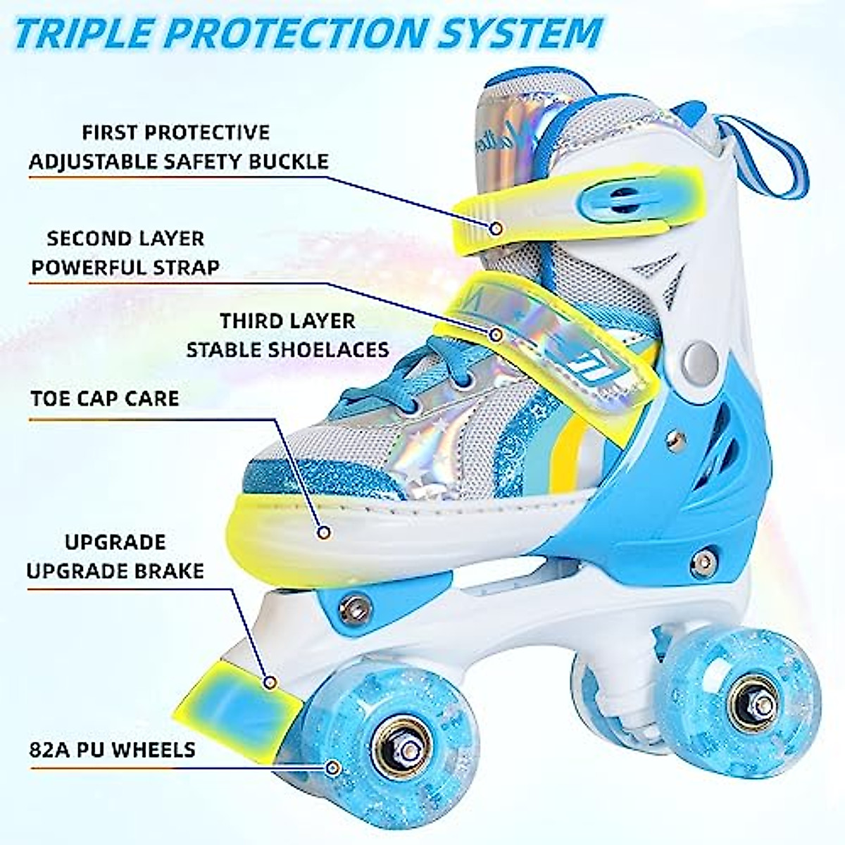 Nattork Girls Roller Skates for Kids Toddler, 4 Size Adjustable Rainbow Quad Skates with Light up 8 Wheels,Gift for Boys Kids Beginners Indoor Outdoor Blue S