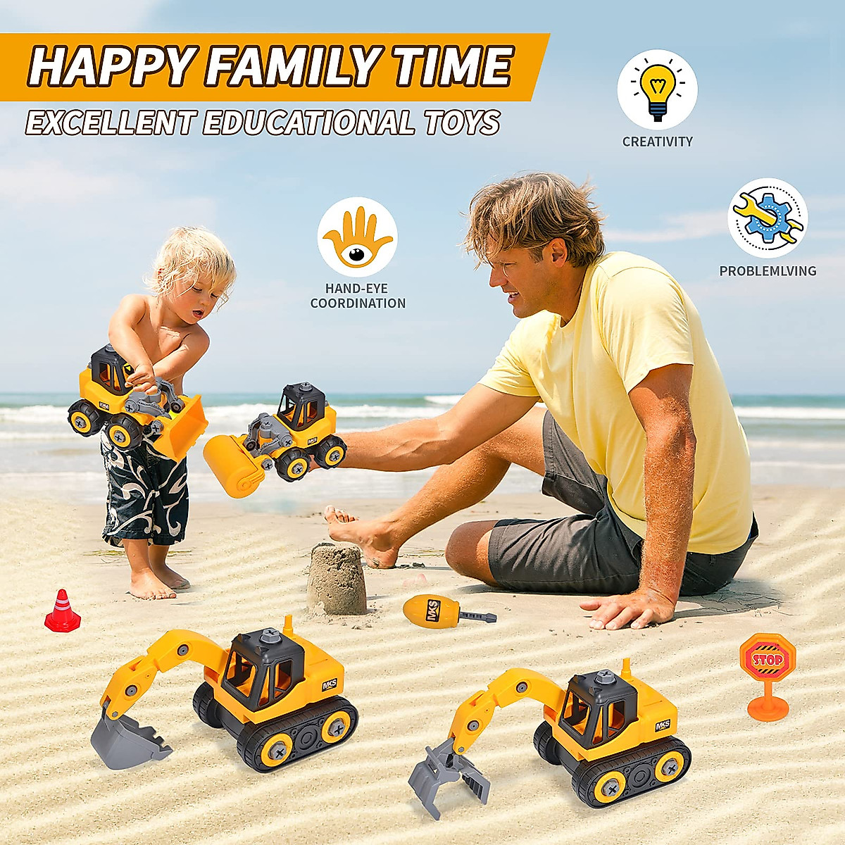 YONGJULE Construction Vehicle Toys, Take Apart Toys for 3 Year Old Boys, Excavator, Bulldozer, Roller, Loader Toy for Kids, Educational Toys Gifts for Children 3 4 5 6 Years Old