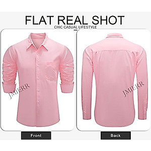 JMIERR Mens Cotton Linen Casual Stylish Button-Down Shirt Long Sleeve Business Fitted Dress Shirts Summer Beach Shirts for Men Old Money Regular Fit with Pocket, US 46(XL), Pink