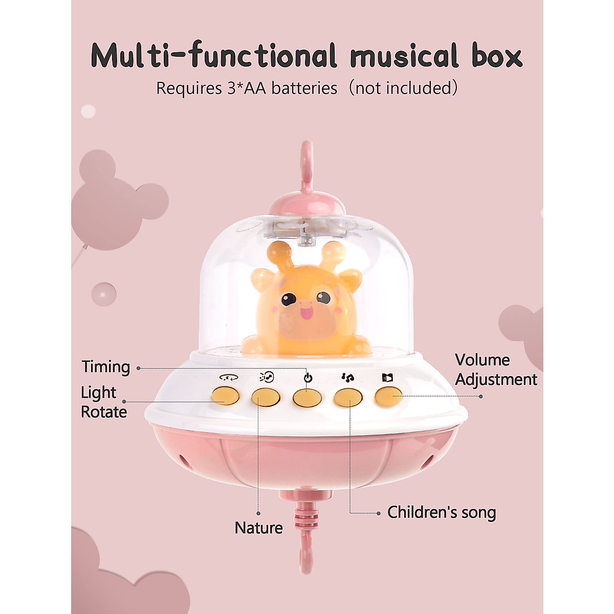 BSROLUNA Baby Crib Mobile with Music and Lights, Baby Mobile for Crib with Remote Control, Hanging Rotating Animals Rattles, 16 Songs and Timing Function, Cartoon Baby Crib Toys for Girls (BabyPink)