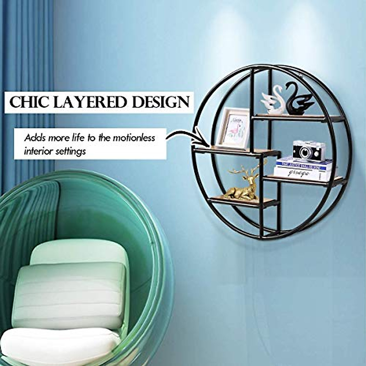 FANTASK Round Wall Shelf, 4-Tier Wood Floating Decorative Shelf w/ Metal Structure, Circle Décor Shelf for Office Bedroom Kitchen Study Living Room