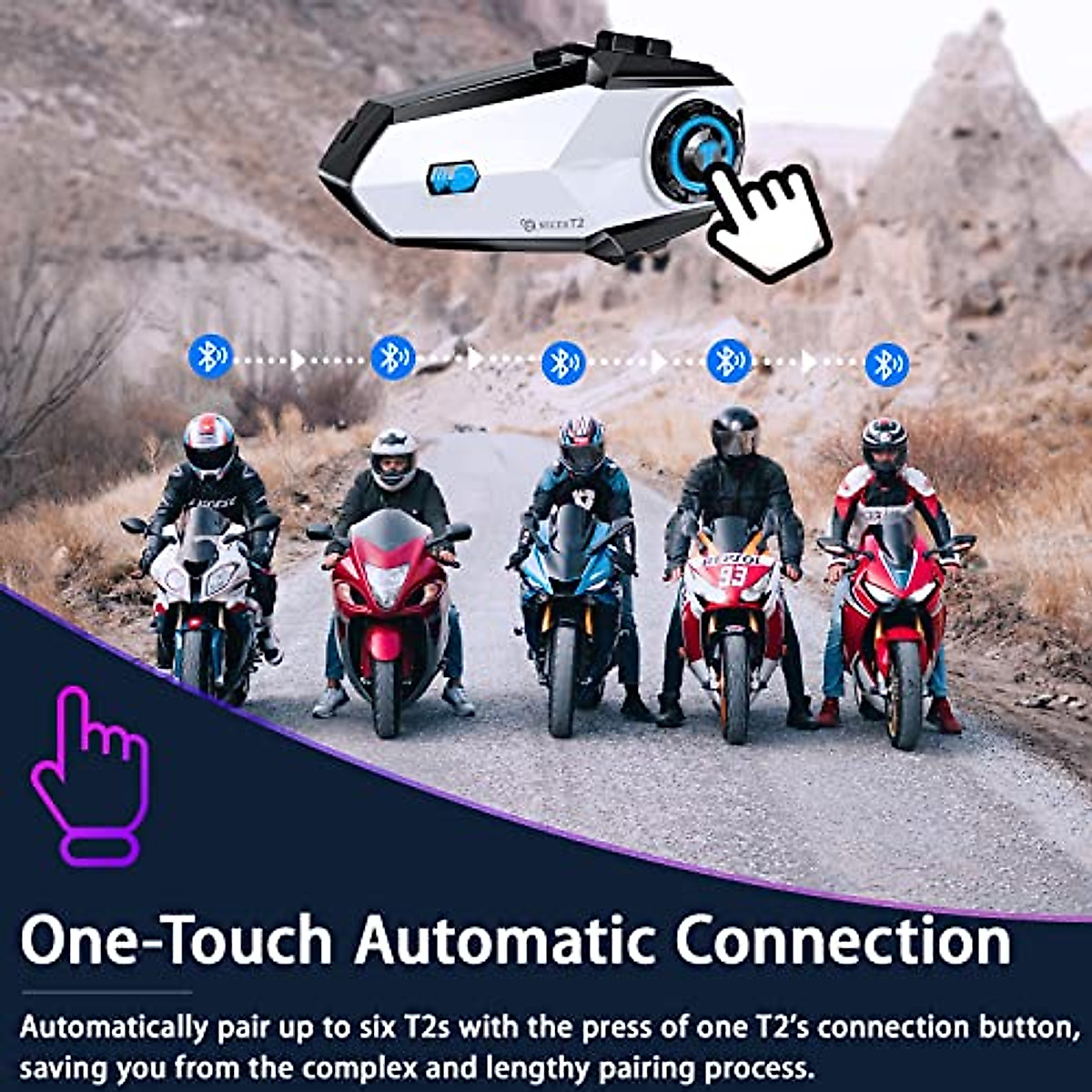 TNICER Motorcycle Bluetooth Headset, T2 1000m 6 Riders Helmet Bluetooth Headset with Noise Cancellation, Universal Motorcycle Bluetooth Communication System, Music Sharing & HD Speakers(1 Pack)
