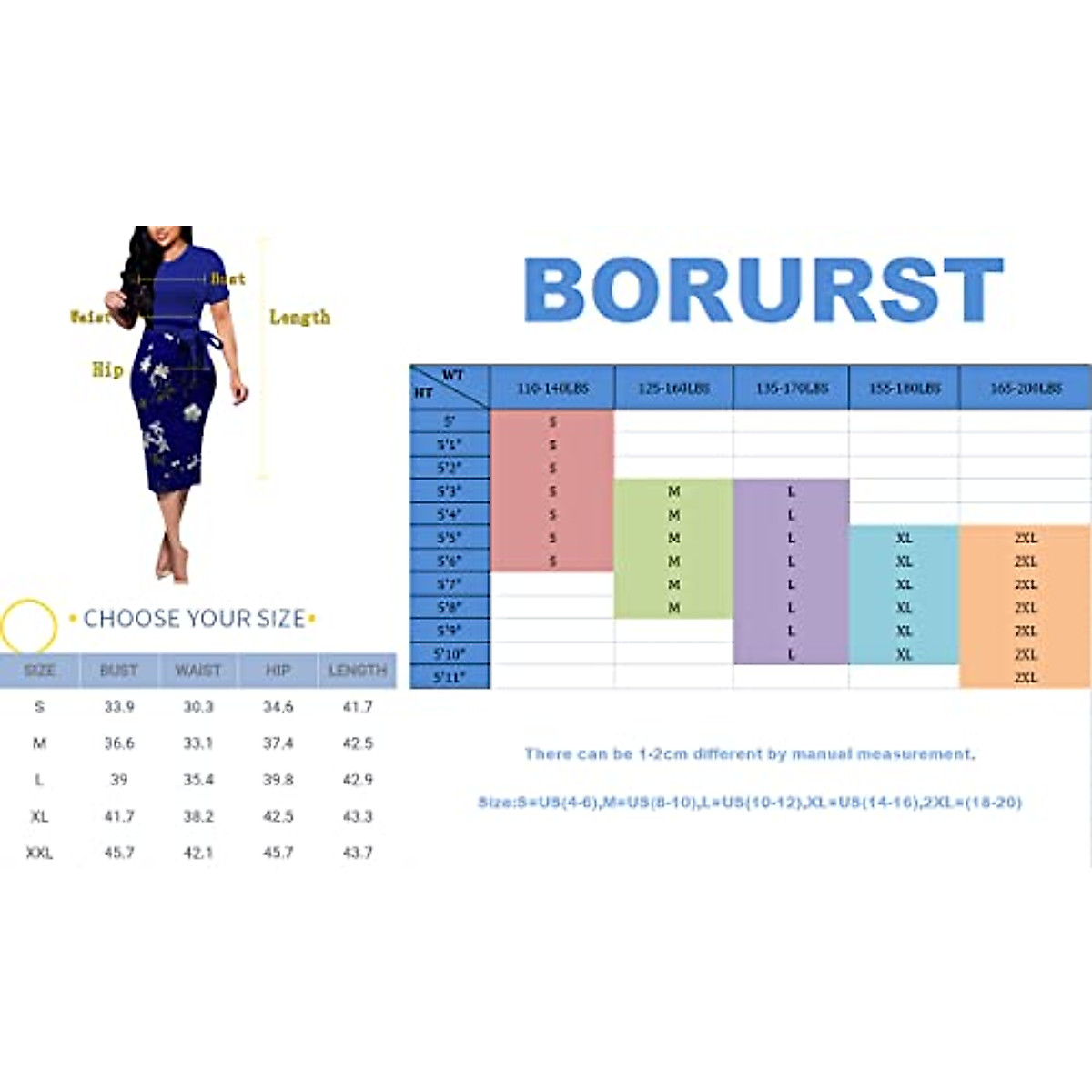 Midi Floral Bodycon Dress Cute Casual Church Dress Blue L