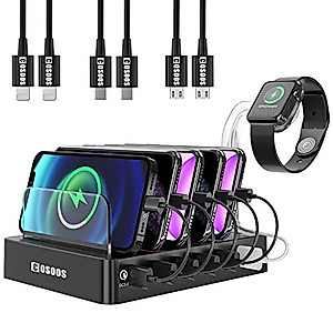 Fastest Charging Station with QC Quick Charge 3.0, COSOOS 63W 12A 6-Port USB Charging Station for Multiple Devices with 6 Mixed Short Cable & iWatch Stand, Multi Charger Station for Cell Phone, Tablet